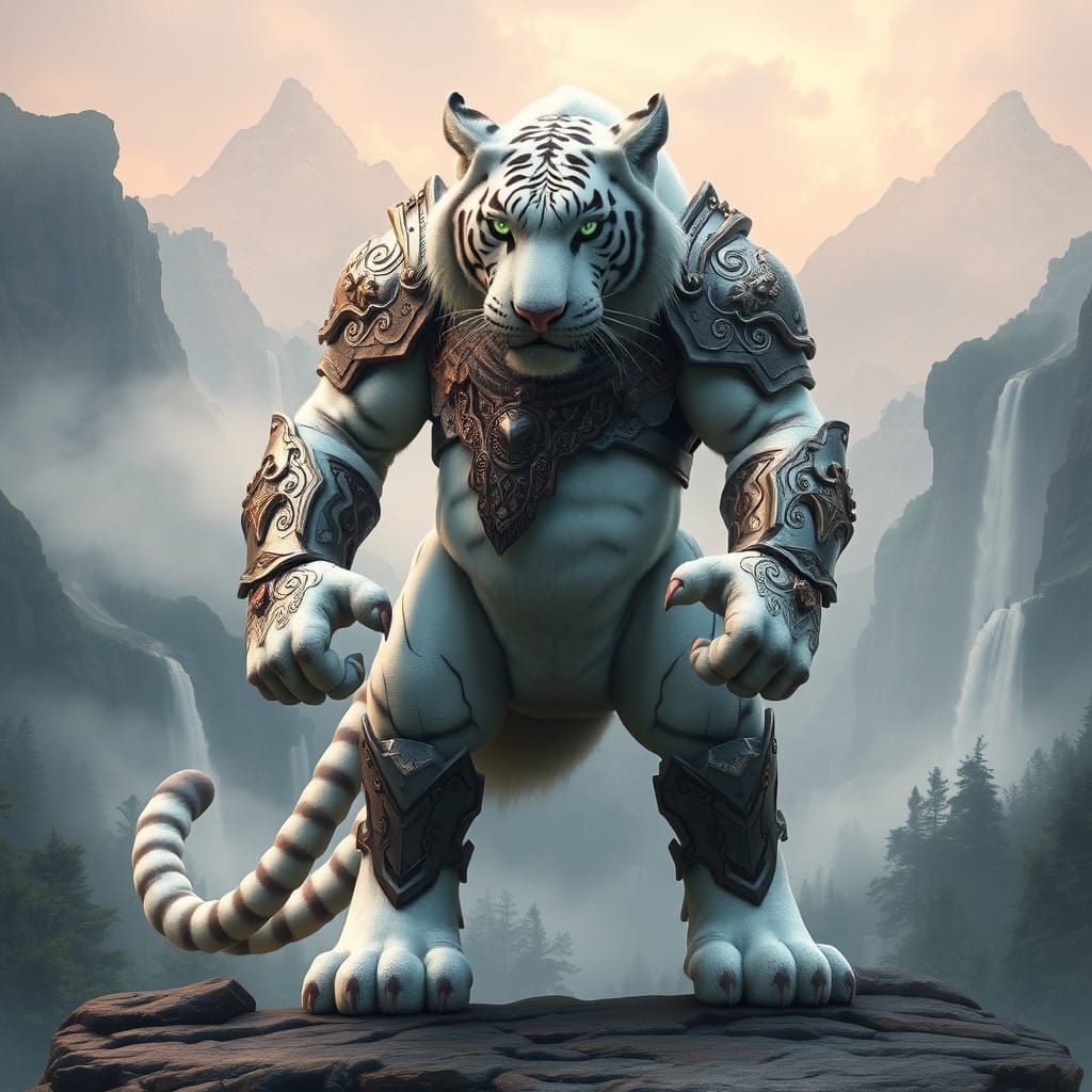 Ethereal White Tiger Warrior in Futuristic Armor - AI Art