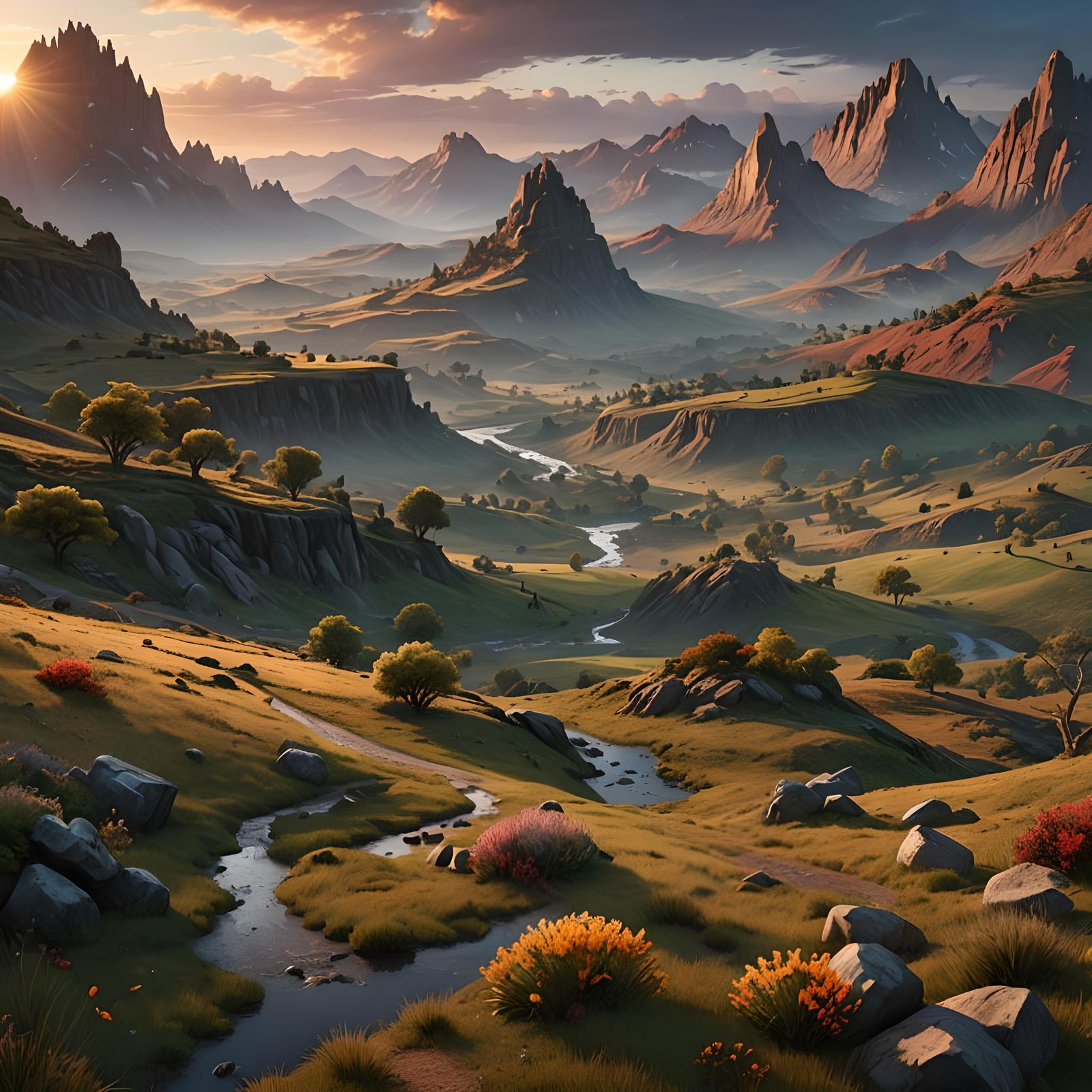 Beautiful open country landscape at sunrise - AI Generated Artwork ...