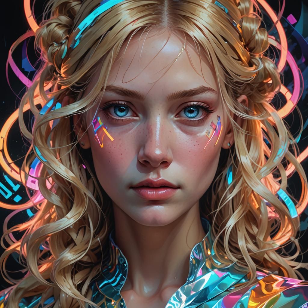 portrait woman, blonde pigtail, vorticism, smooth, beautiful, glitch ...