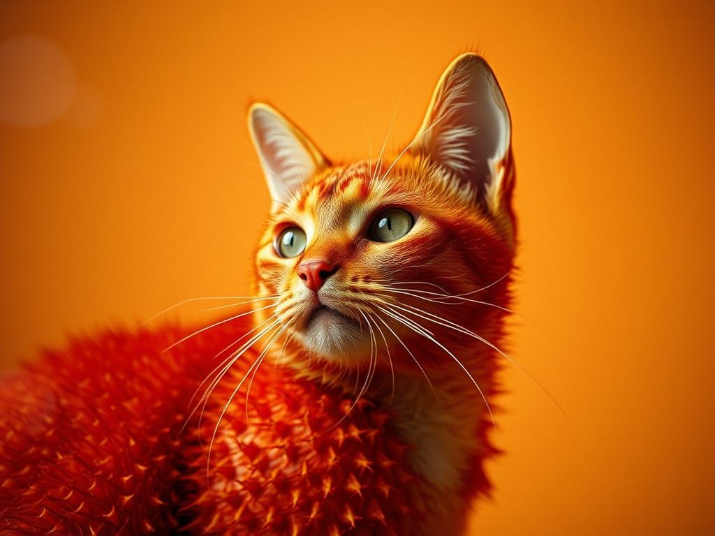 Rambutan Kitty - Surreal Red and Green Feline in Warm Terrac...