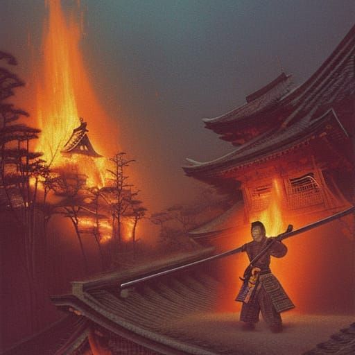 Japanese village setting on fire with a samurai holding a katana ...