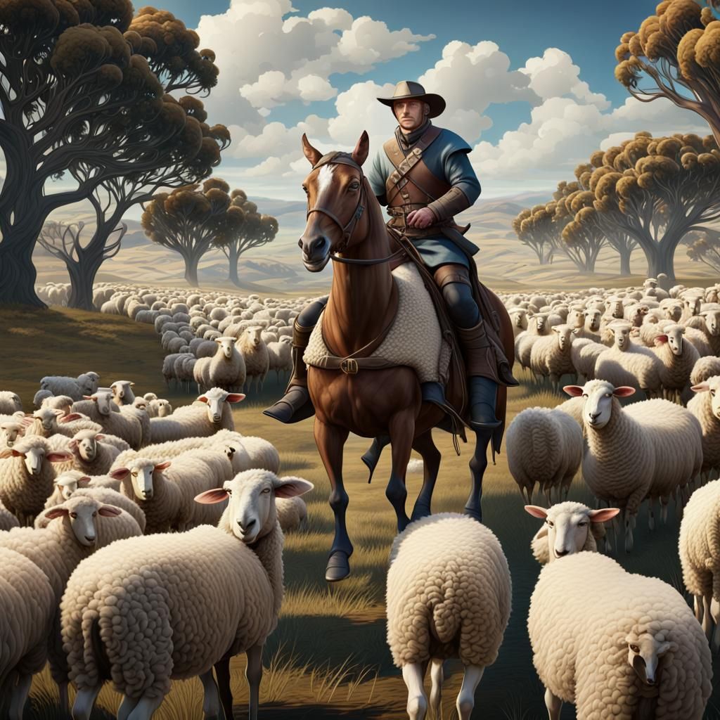 The Stockman on the job - Australian Stockman Herding Sheep:...