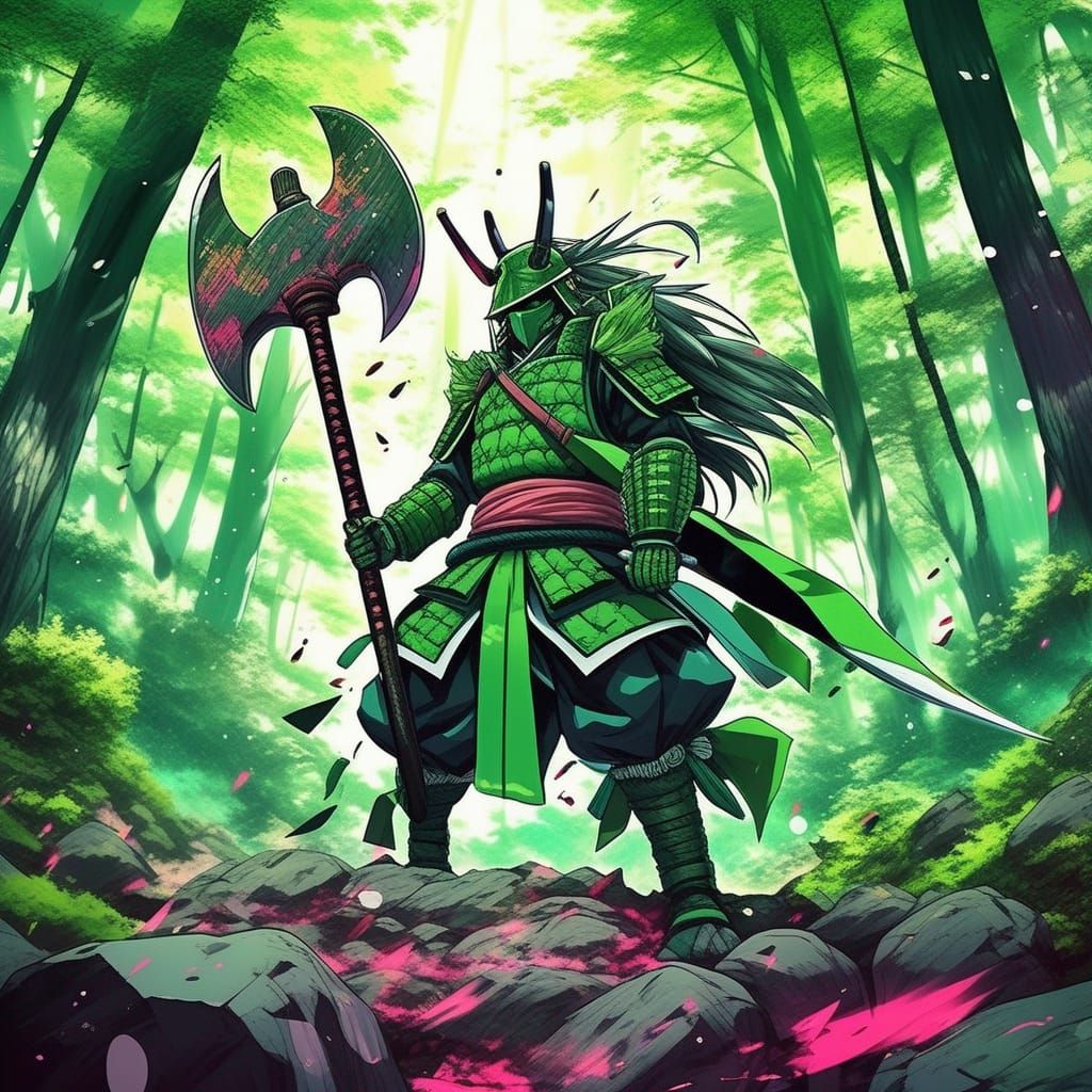 Green samurai holding giant battle axe, surrounded by forest, by artist ...