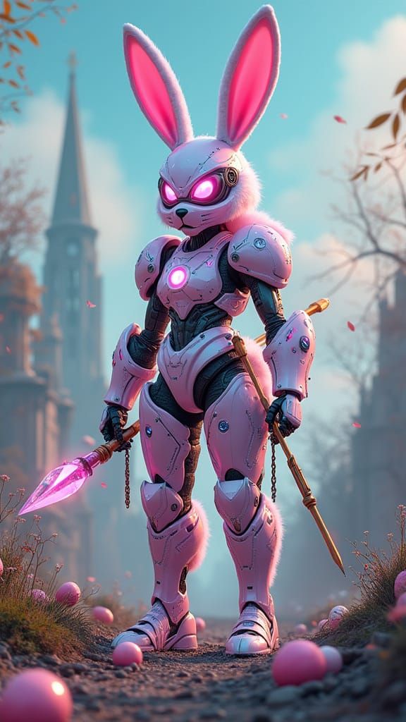 Futuristic Easter Bunny Warrior in Cyberpunk Sci-F... - AI Art