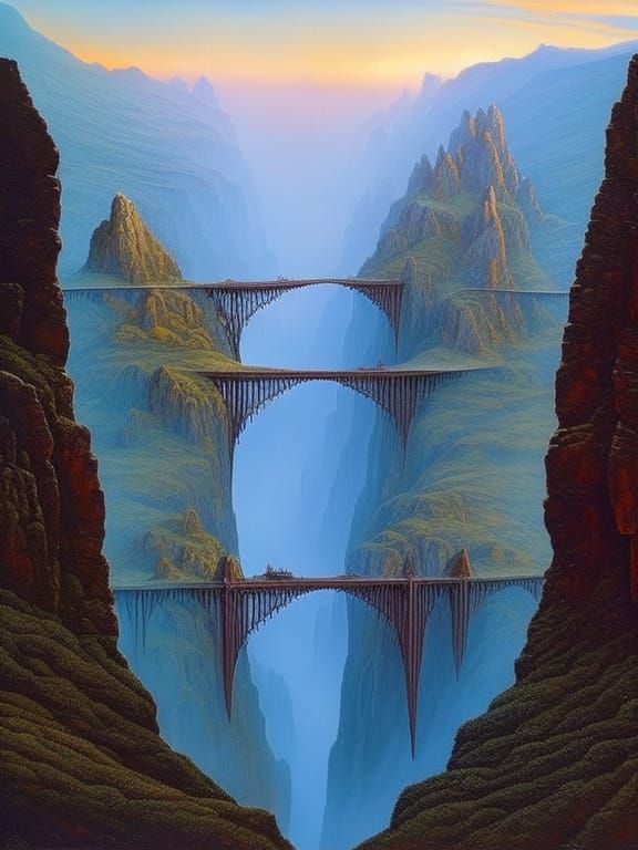 Photorealistic photo of a spired gothic style bridge over a deep ...