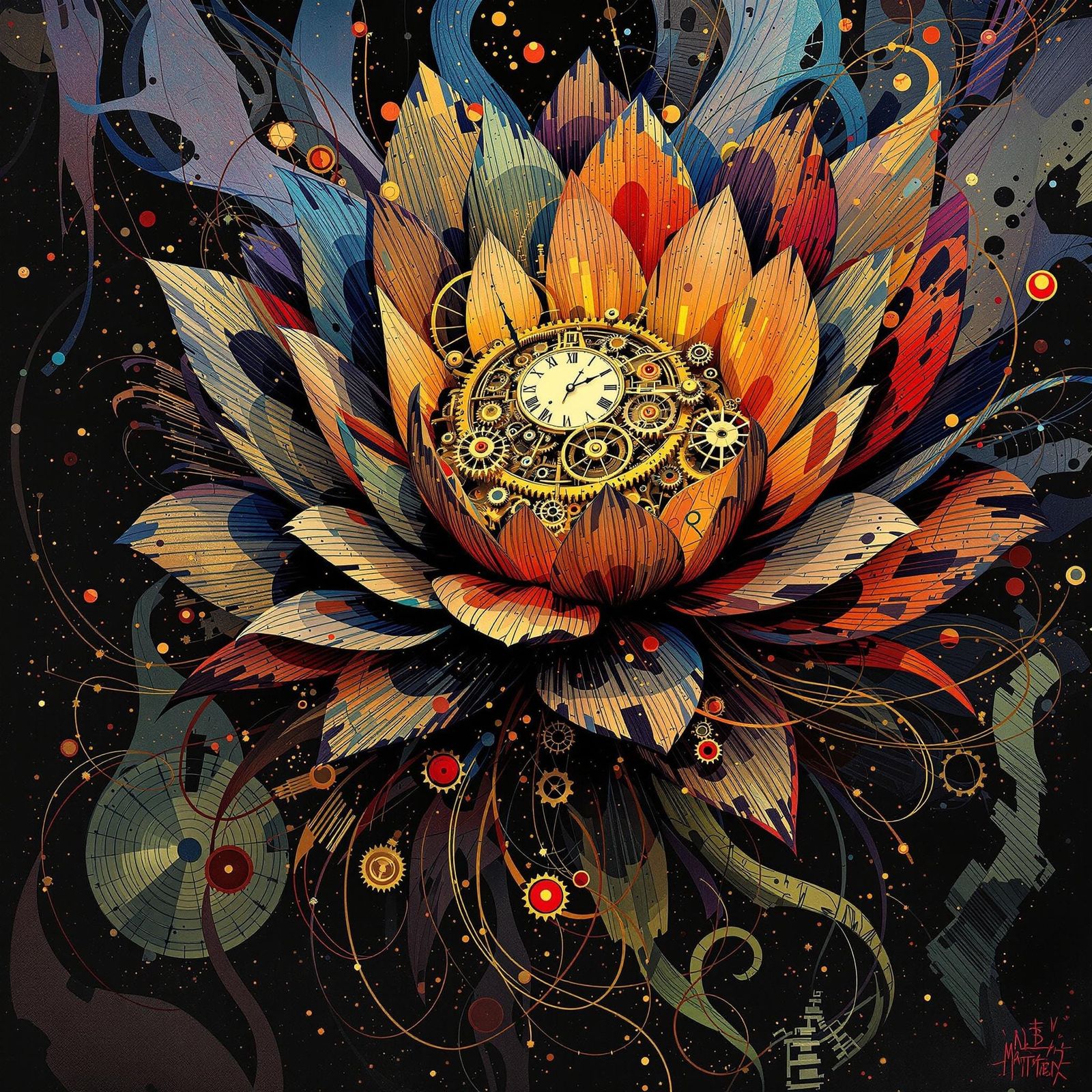 A clockwork flower unfurling its gears and petals Tim Burton Dan Mumford intricately detailed ...