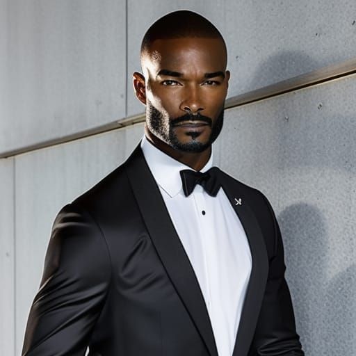 a medium shot of Black male model Tyson Beckford wearing a suit, facing ...