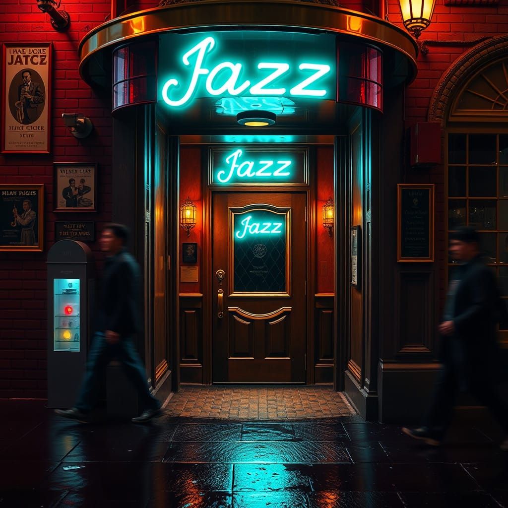 A photorealistic image of a swank, hidden gem of a New York City Jazz nightclub with a teal neon ...