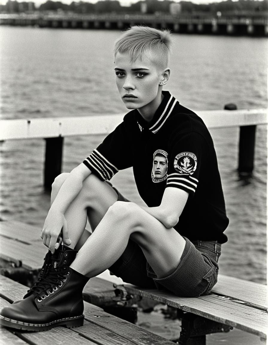 a skinhead young girl dresses as a punk sitting on a beach pier a ...