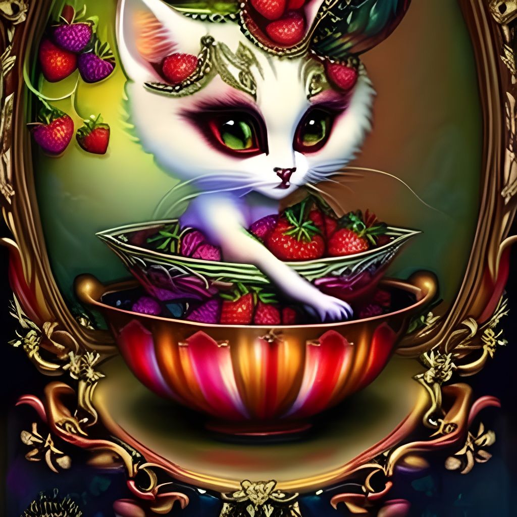 Fantasy art: Cute Cat in a Bowl Full of Strawberries - AI Generated ...