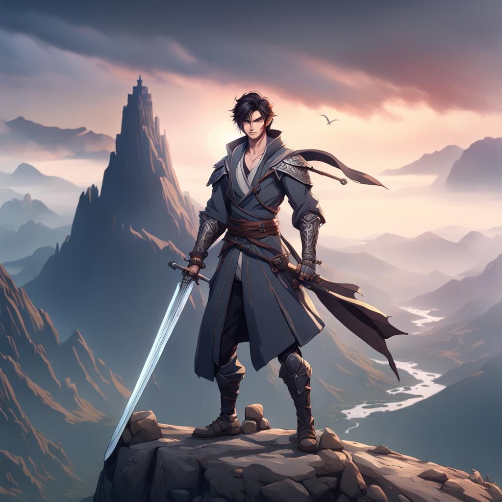 Anime Swordsman Smiling on a Mountain - AI Art