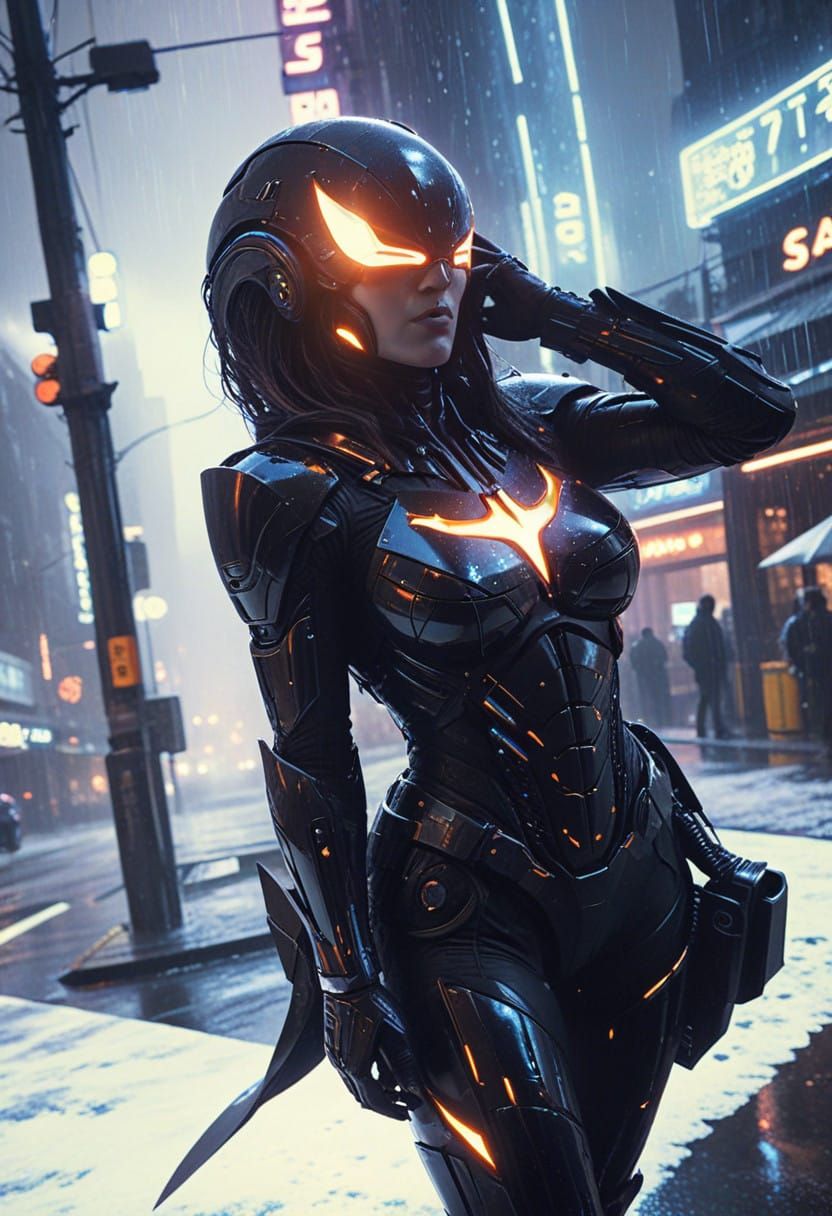 Cybernetic Batman Illuminates the Rain-Soaked Stre... - AI Art