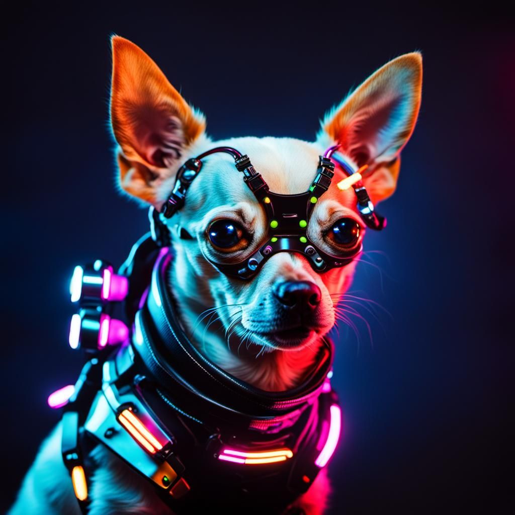 Cyborg chihuahua dog wearing cyborg parts, dark and neon Tokyo photo ...