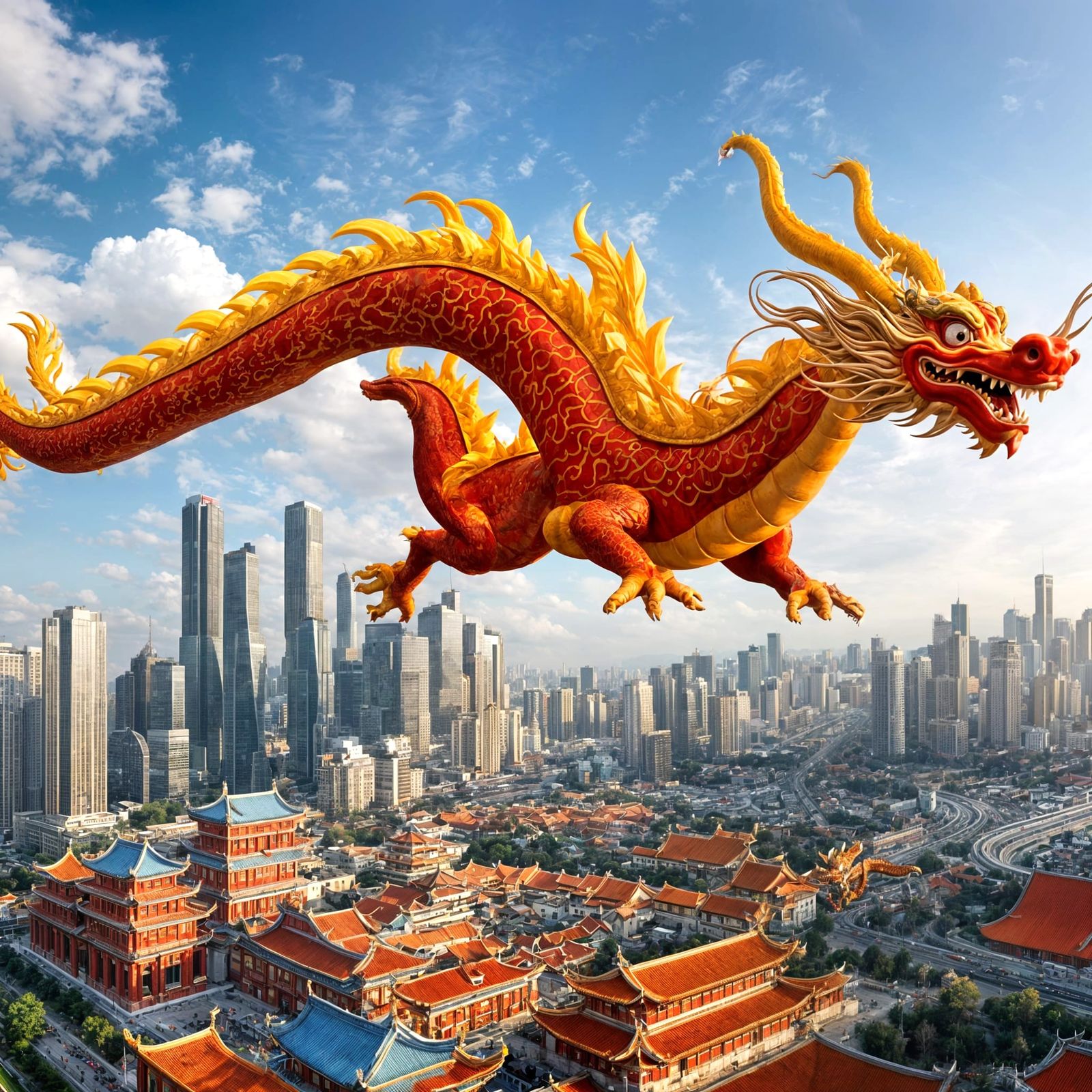 Majestic Dragon Soars Over Ancient Chinese Citysca... - AI Art