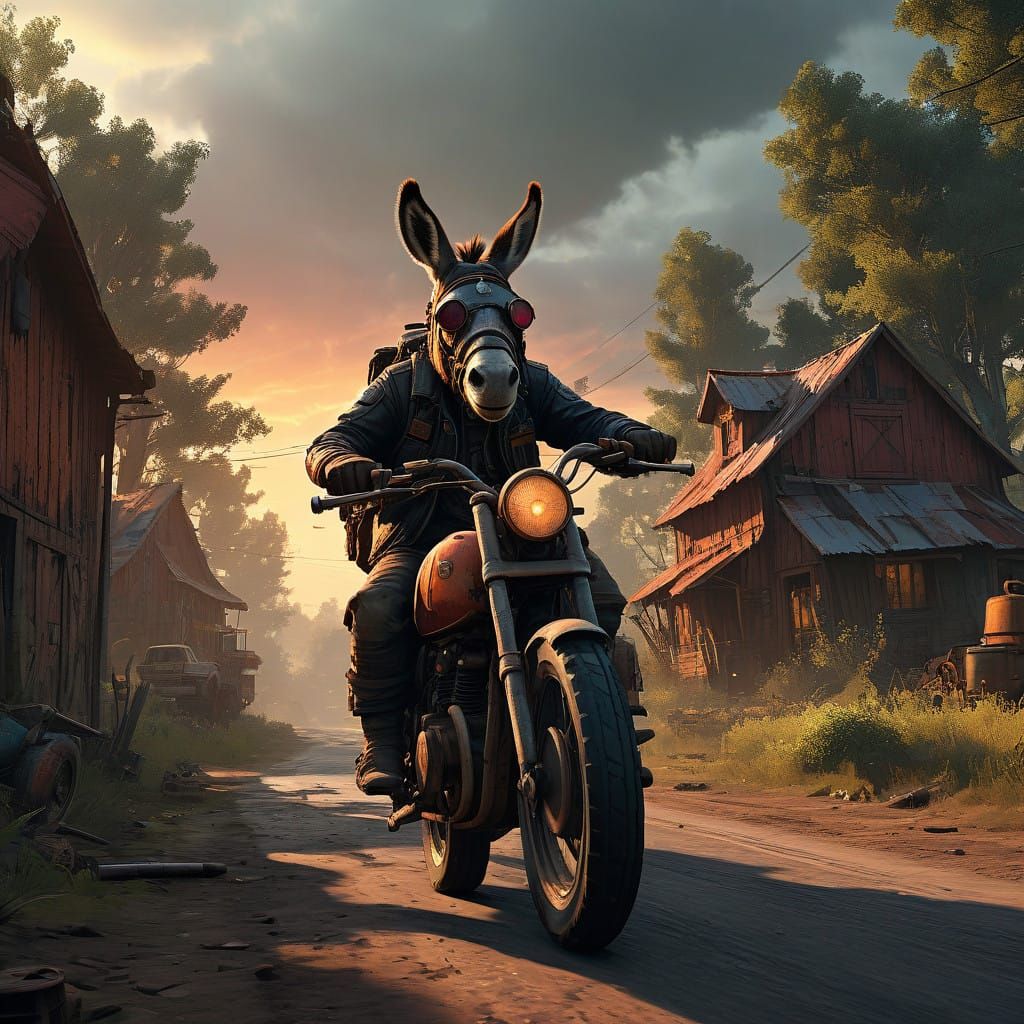 Donkey Rebels on Vintage Motorcycle through Sunset... - AI Art