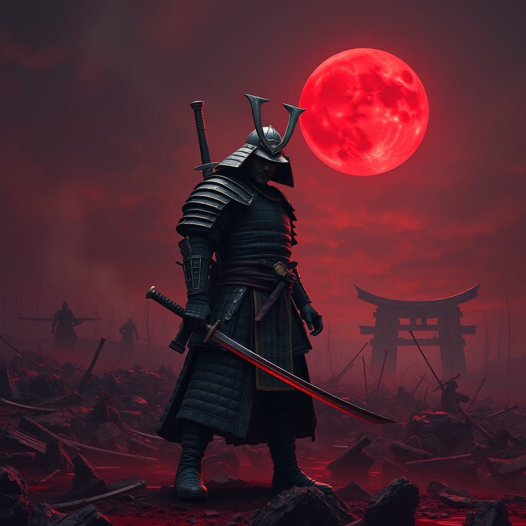 Samurai Under Lunar Eclipse: A Battle-Weary Warrio... - AI Art