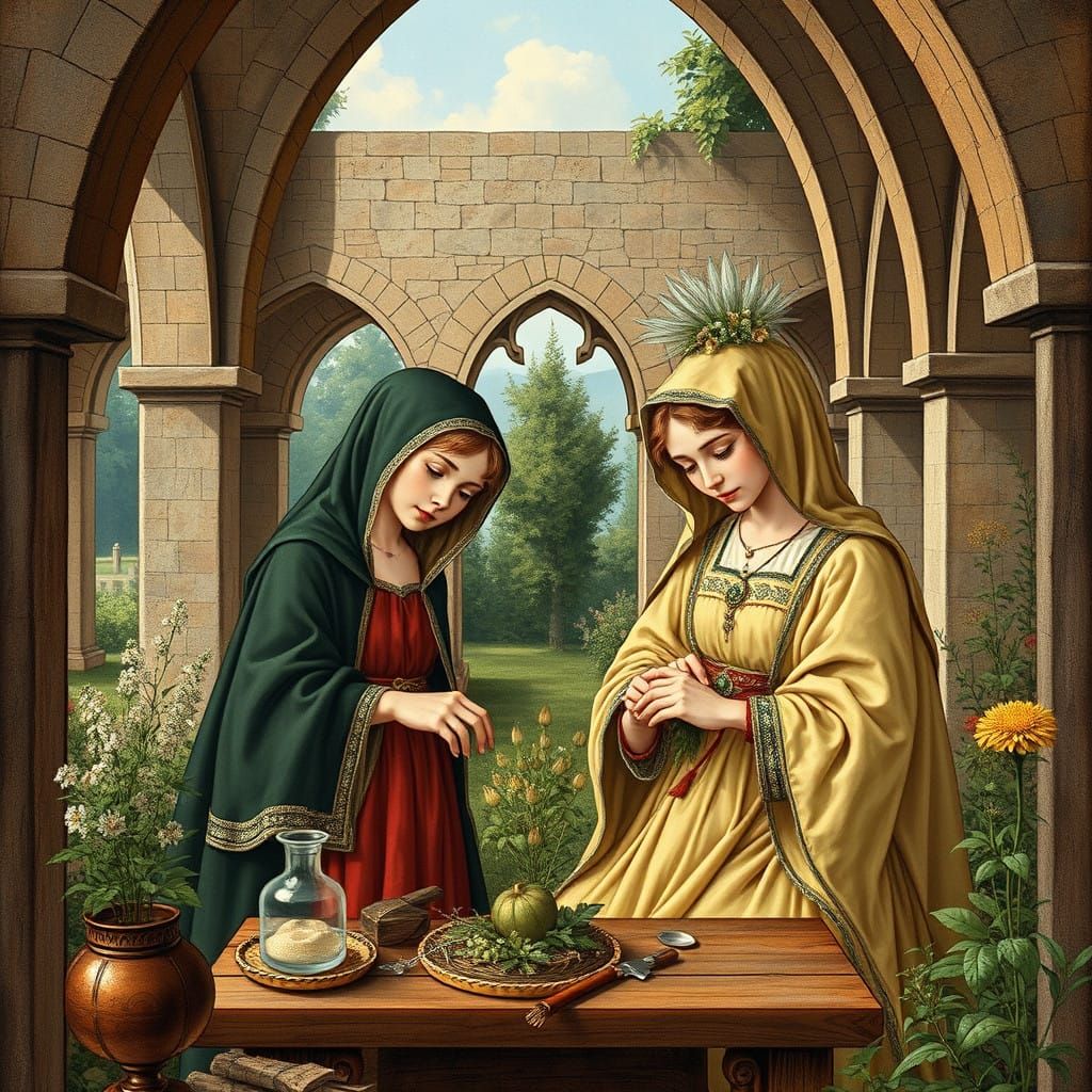 Medieval Herbalists in a Monastic Garden - AI Art