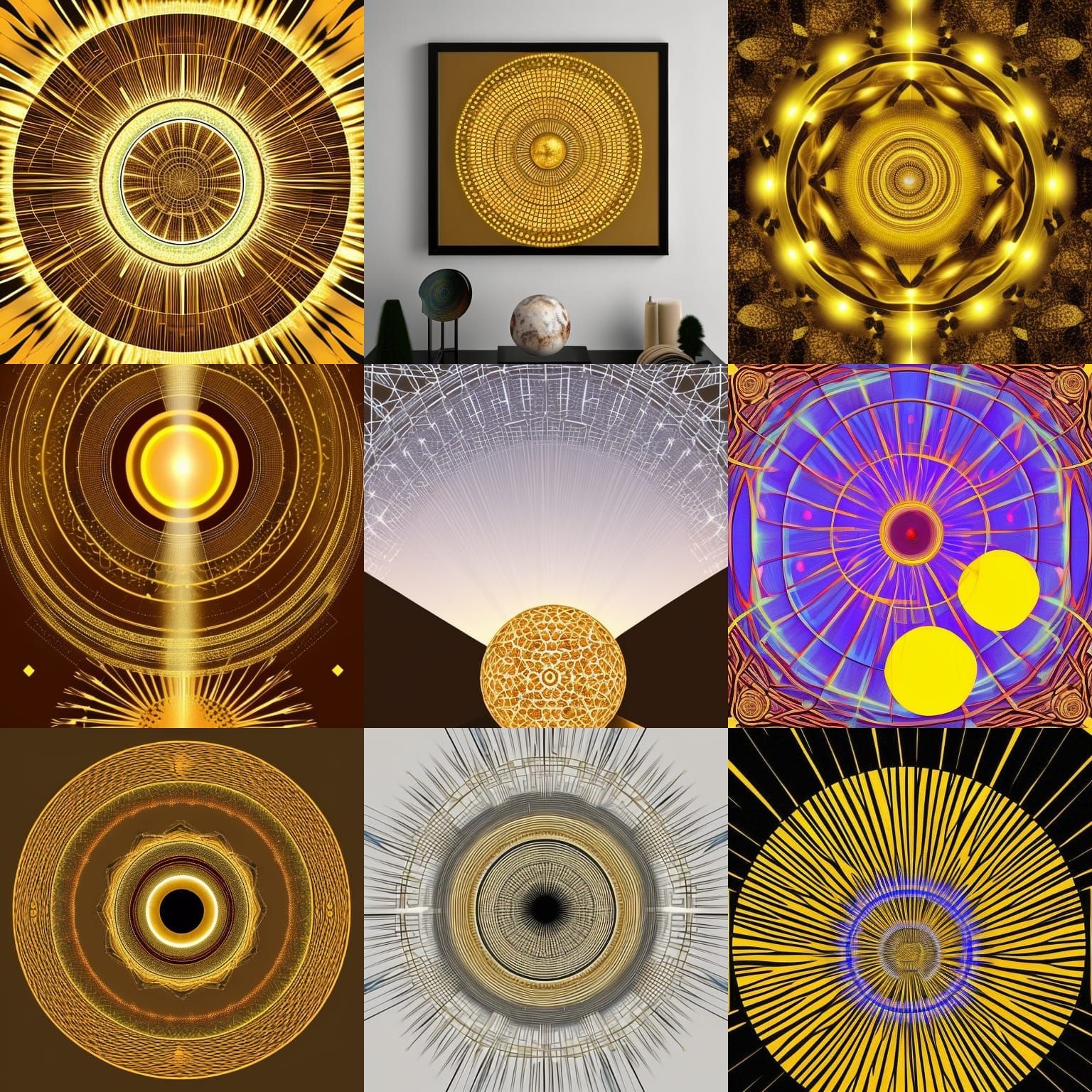 Create an artwork that features a spinning golden orb at the center of ...