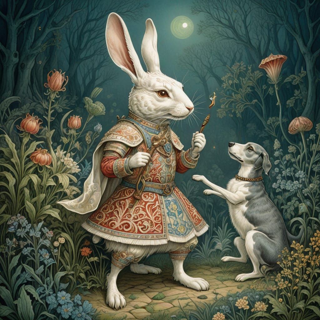 Medieval white rabbit warrior and a greyhound