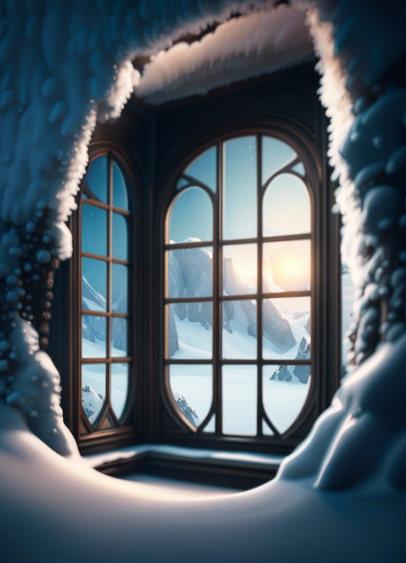 Window on a snowy landscape Epic cinematic brilliant stunning intricate ...