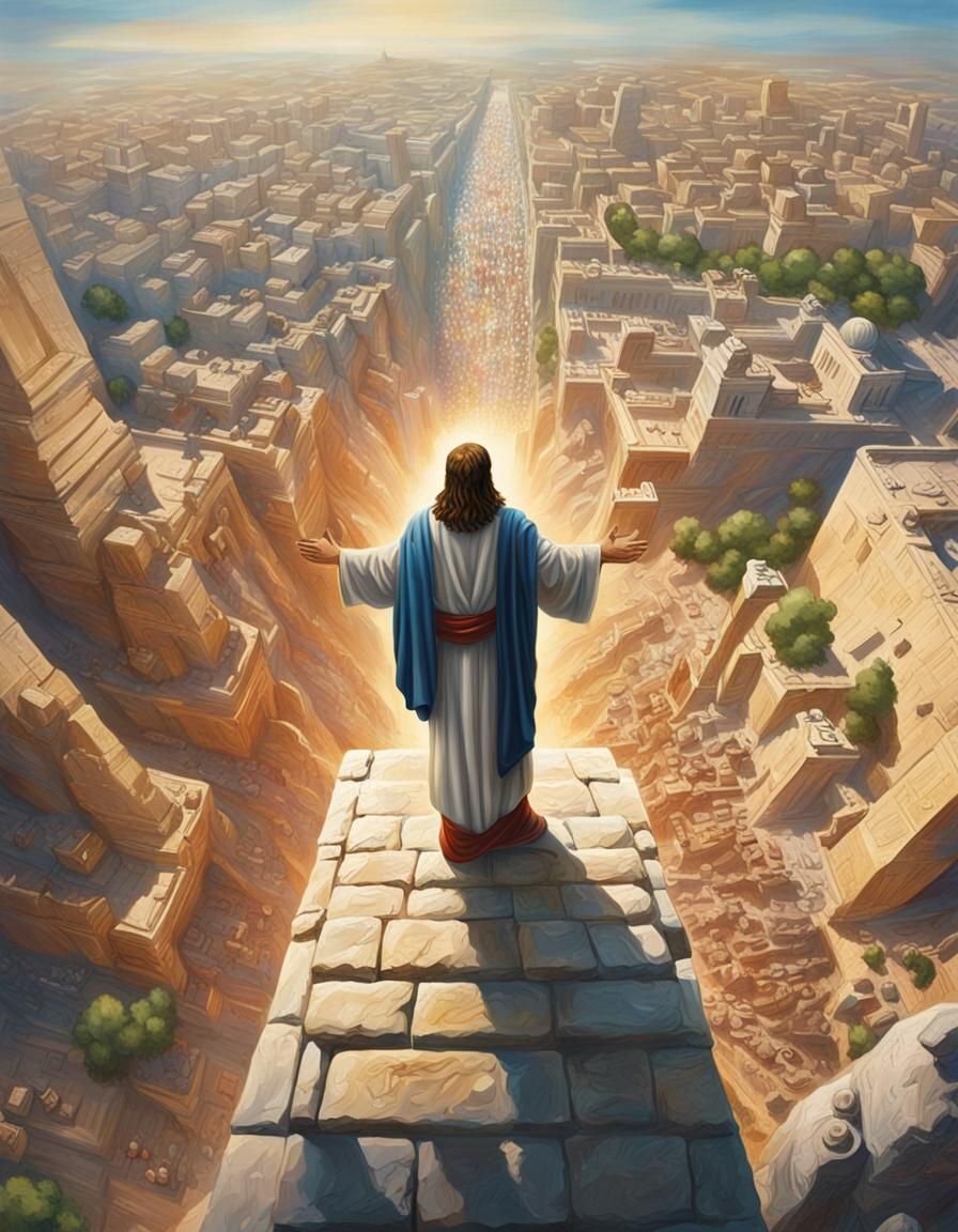 Dizzying overhead perspective, Jesus standing on the pinnacle of the ...