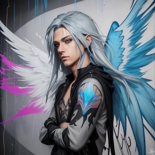 Handsome boy, long blue hair, gray eyes, pixie wings, high fashion ...