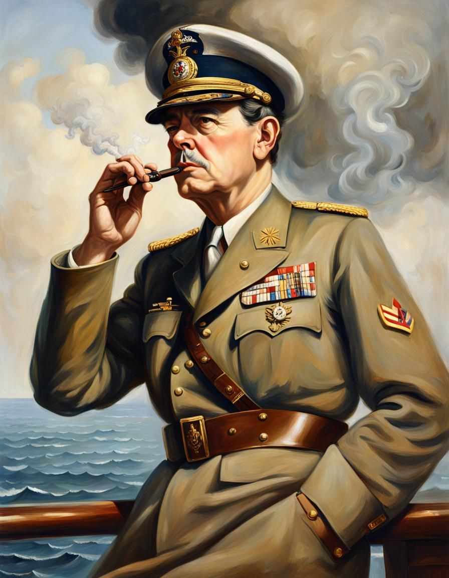 A painted portrait of Douglas Macarthur on the prow of a ship, smoking ...