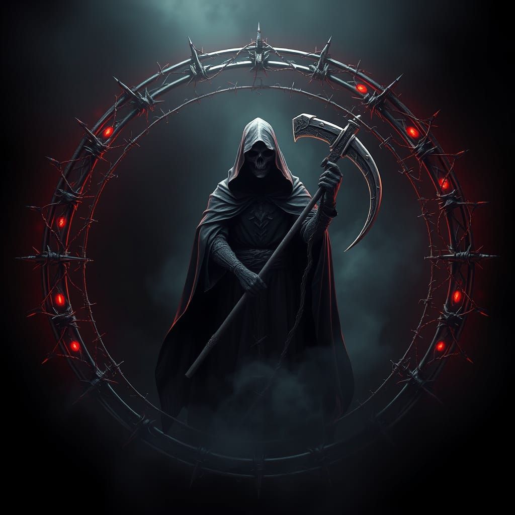 Majestic Reaper Figure in Gothic Circle of Thorns - AI Art