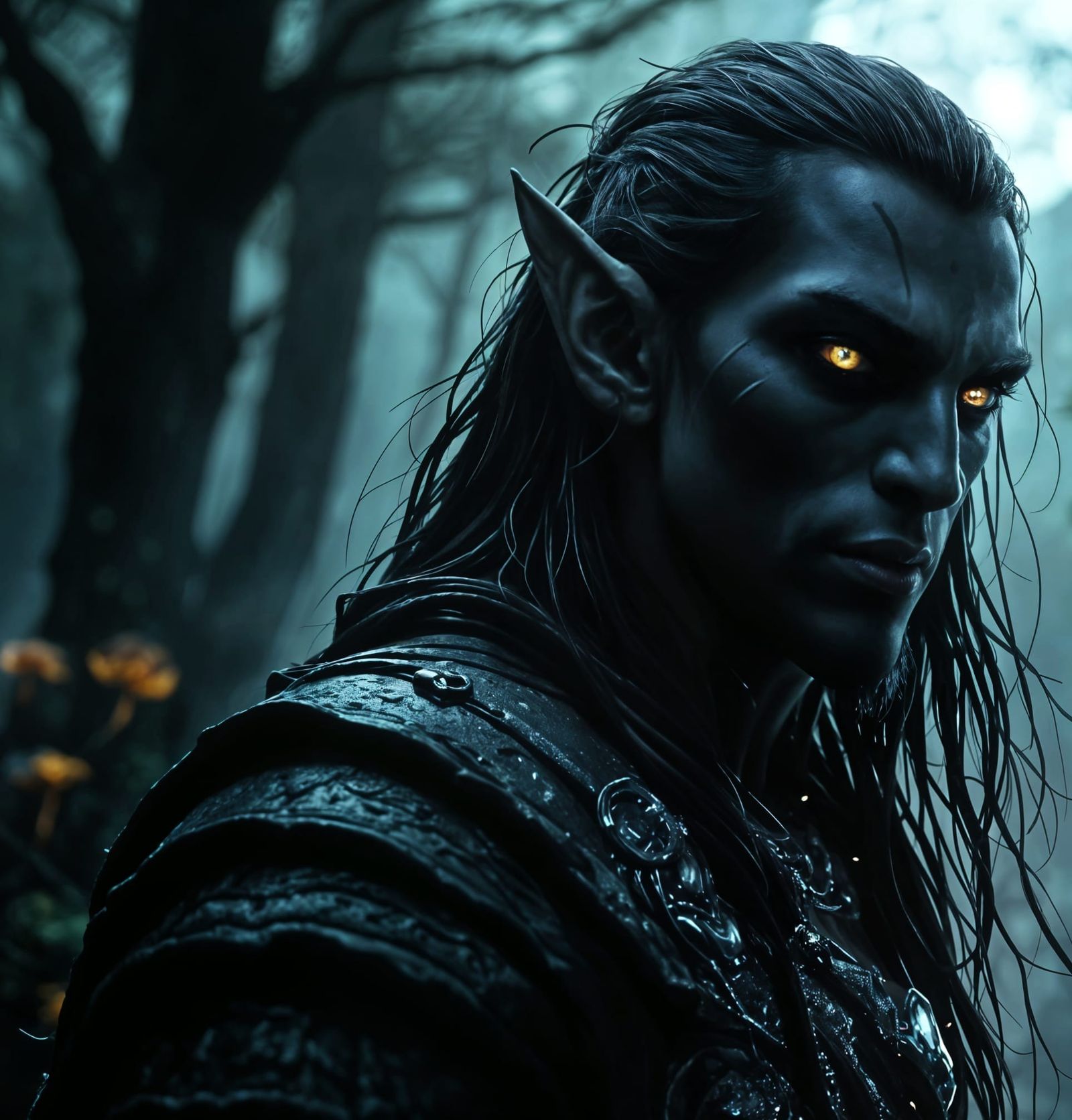 A depiction of a Male Drow Elf warrior in the dark forest