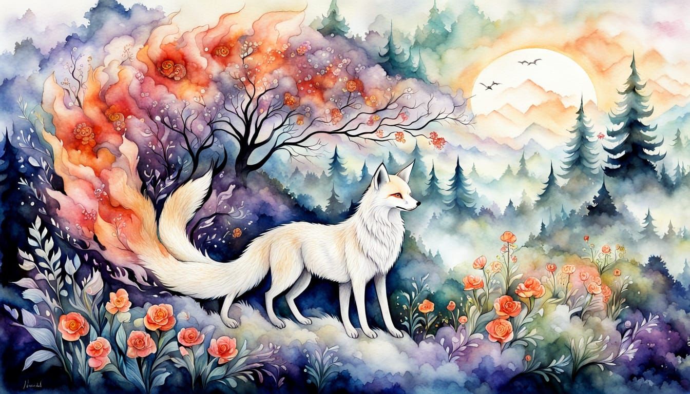 Stunning Nine Tails Kitsune, ethereal, zentangle, mysterious fog, flowers, fantasy forestscape ...