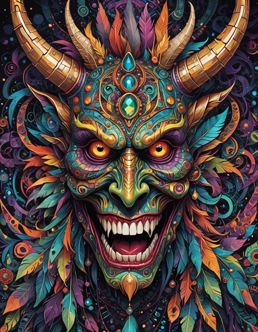 (Highly detailed concept sketch of a grinning monster face with horns ...