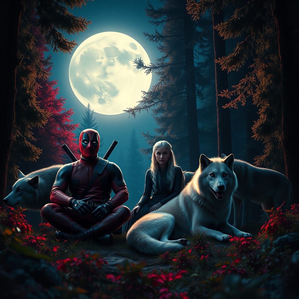 Deadpool and Daenerys Amidst Wolves in Ethereal Fo... - AI Art