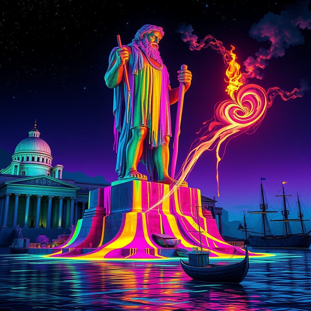 "A majestic colossal statue inspired by the Colossus of Rhodes ...