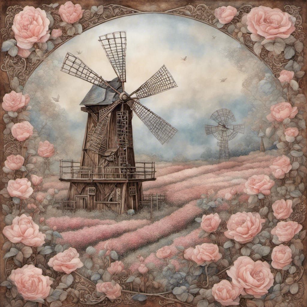Wood Windmill in middle of roses field - AI Generated Artwork ...