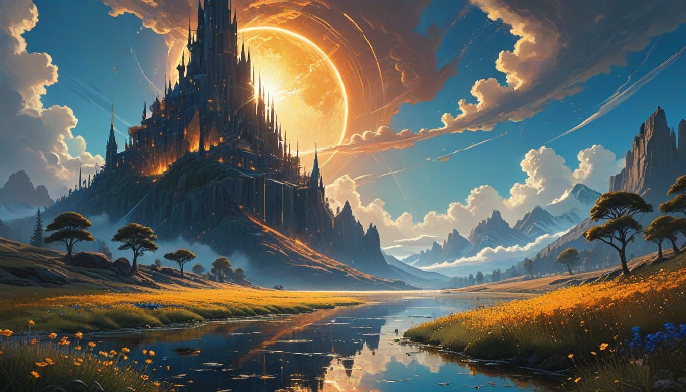 Mythical Sunset - Ethereal Fantasy Realm Under Golden Sunset