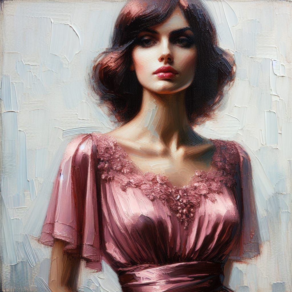 A woman with dark brown hair, dressed in a pink form fitting silk dress ...