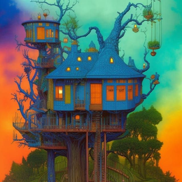 Blue treehouse - AI Generated Artwork - NightCafe Creator