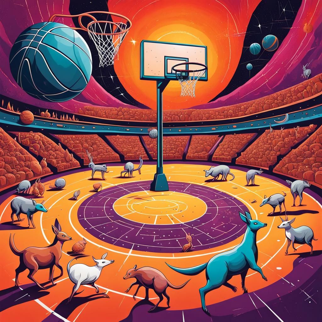 cosmic intergalactic basketball game an a futuristic arena between farm ...