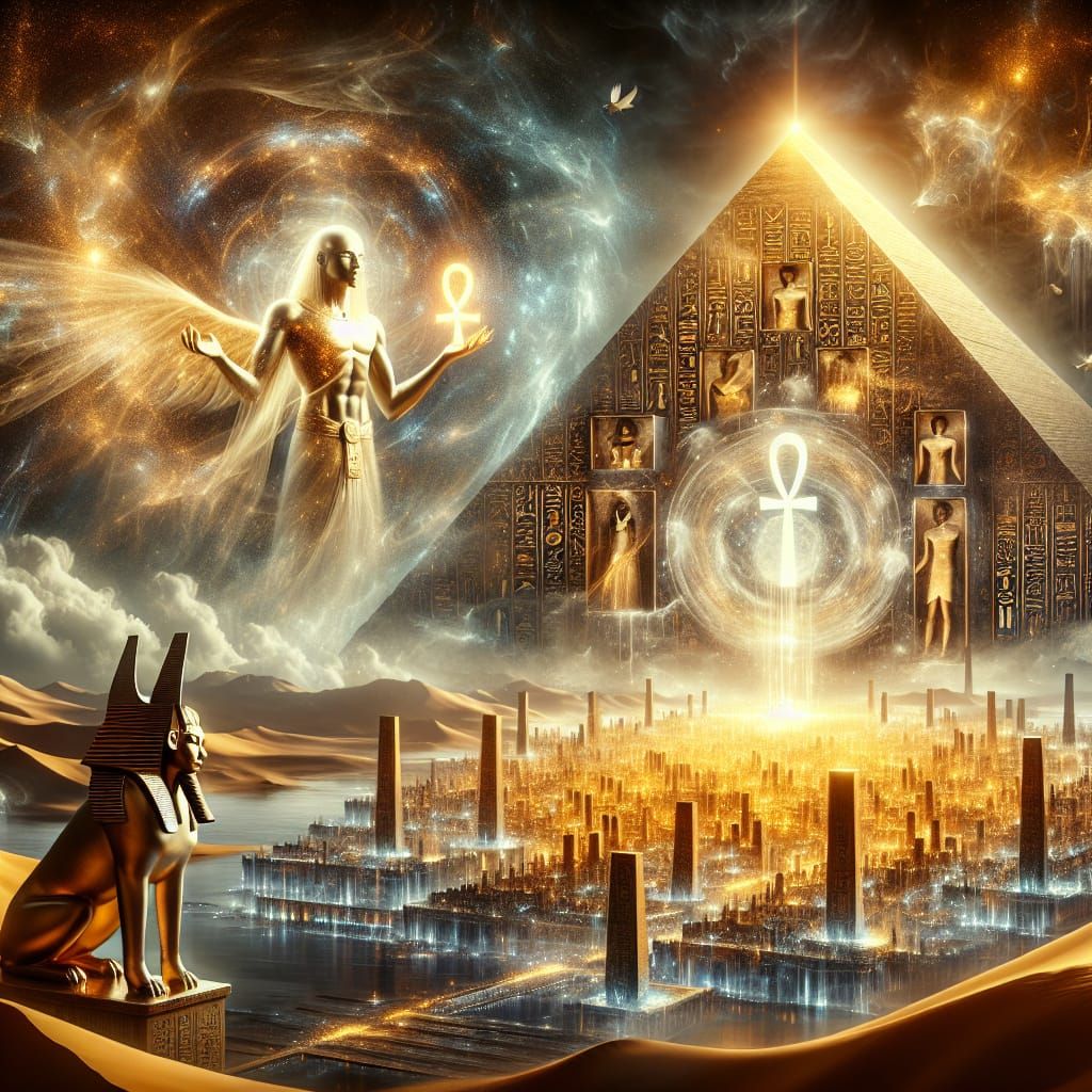 A floating colossal pyramid raised to reveal a vast scintillating city ...