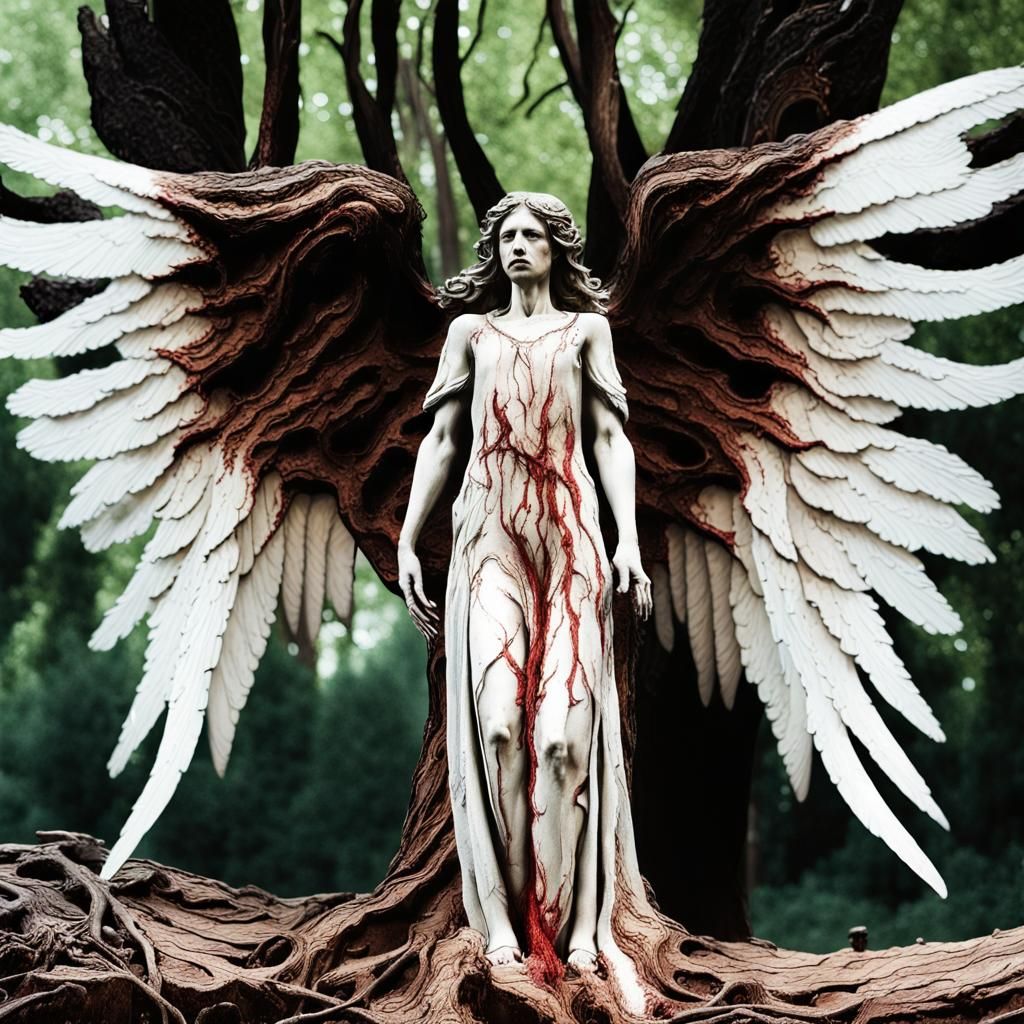 A decaying, dirt and blood stained angel with broken wings painfully ...