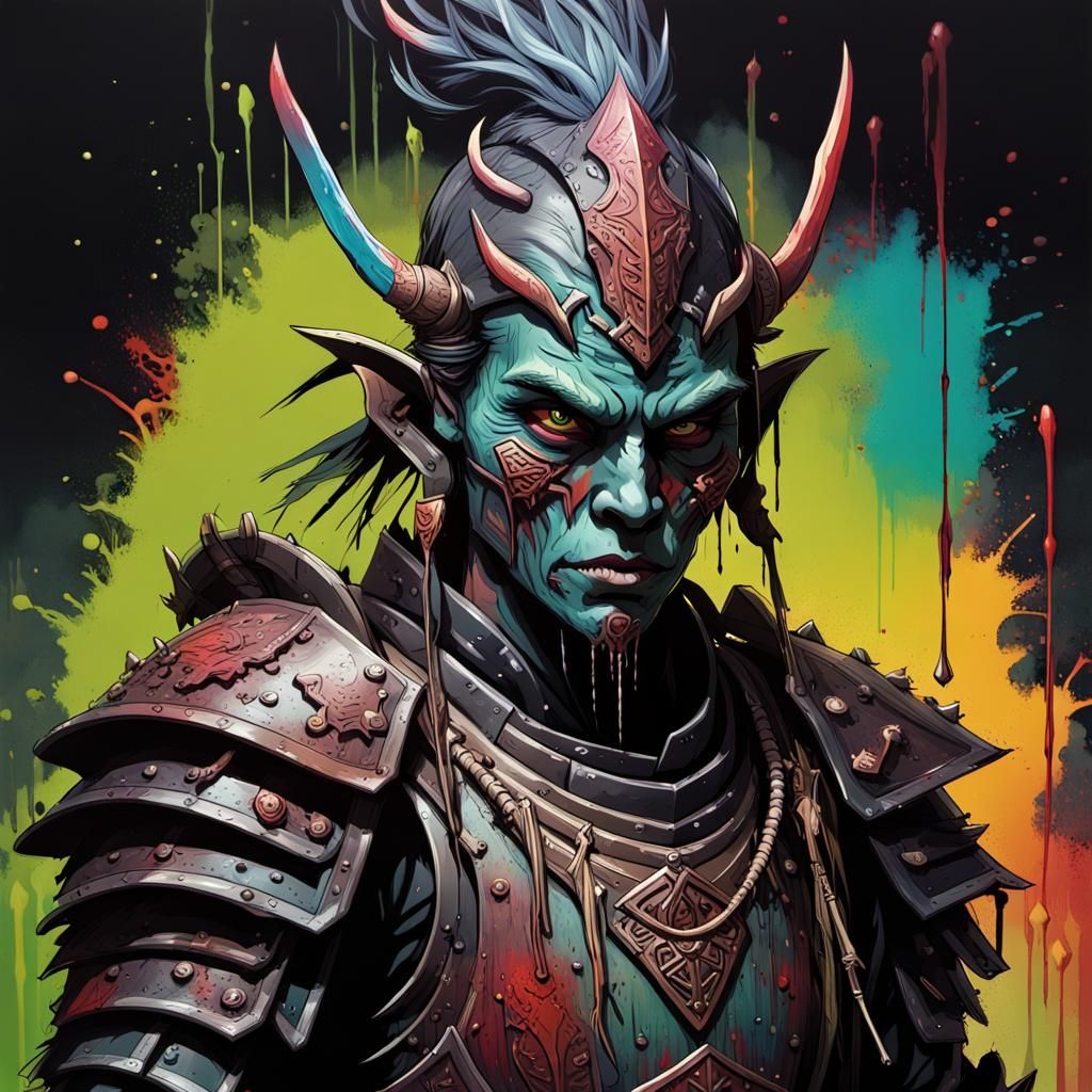 dark zombie elf samurai in armor in swamp graffiti art, splash art ...