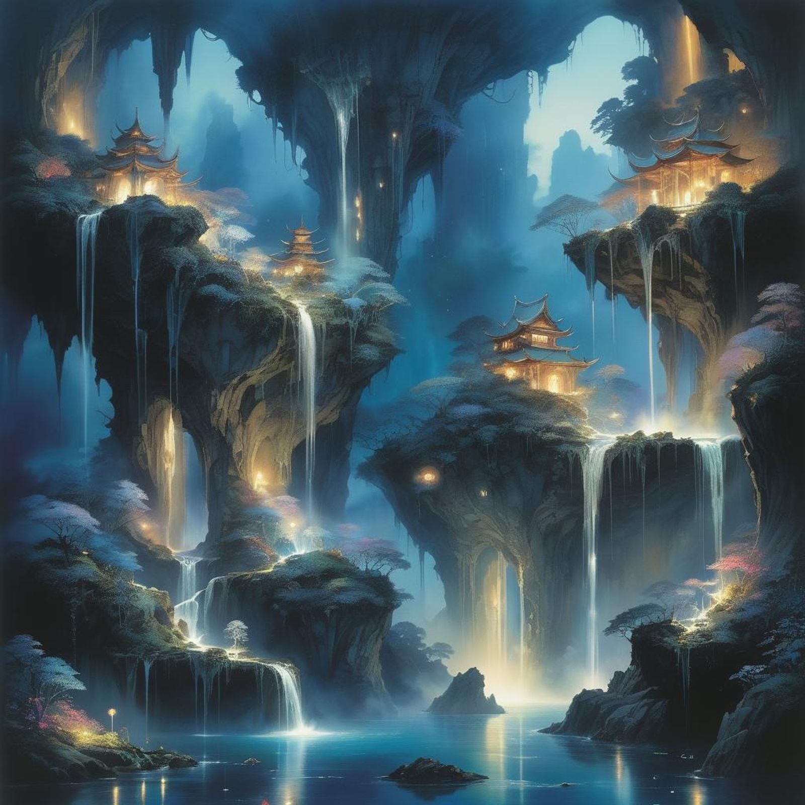 art by Yoshitaka Amano, ethereal floating islands amidst a twilight sky ...