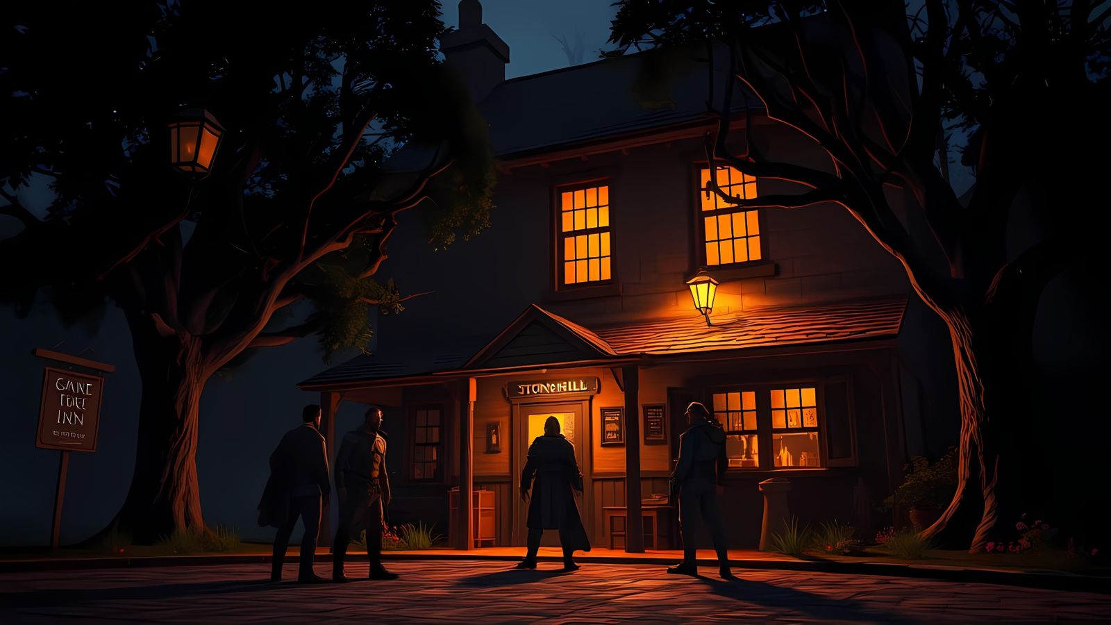 Adventurers Gather at the Cozy Stonehill Inn in Da... - AI Art