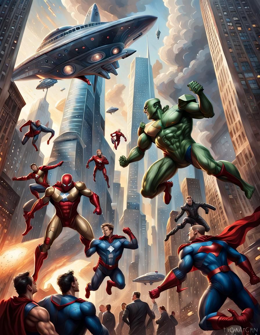 Superheroes fighting an alien invasion 02 - AI Generated Artwork ...