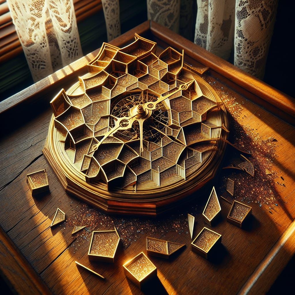 An antique brass clock lies scattered in geometric fragments across a ...