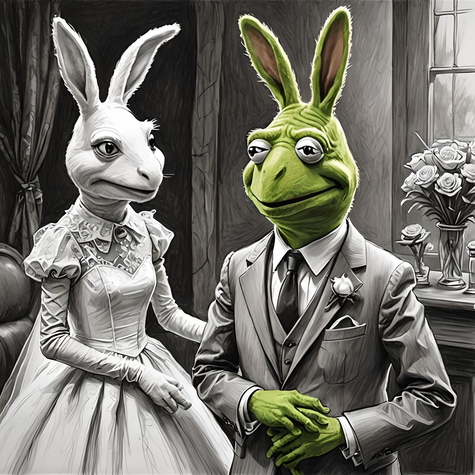 Kermit the Frog marrying the Easter Bunny, pencil sketch horror - AI ...
