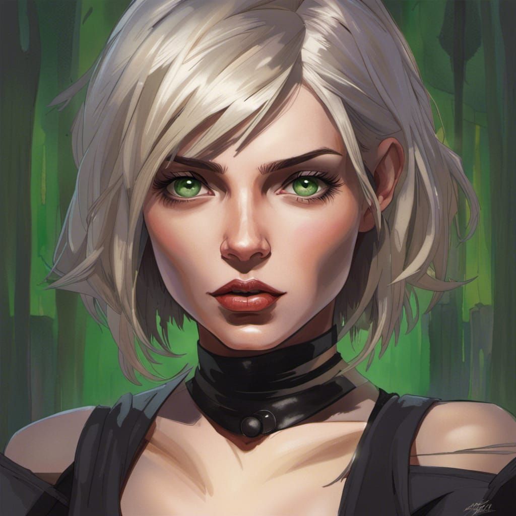 Goth girl, short hair, dark circles, green eyes, black lips, midriff ...