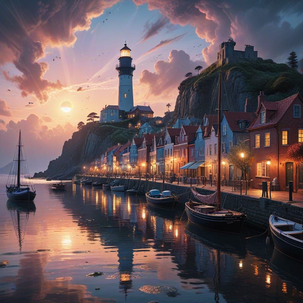 harbor, ships and houses, lighthouse, soft colors