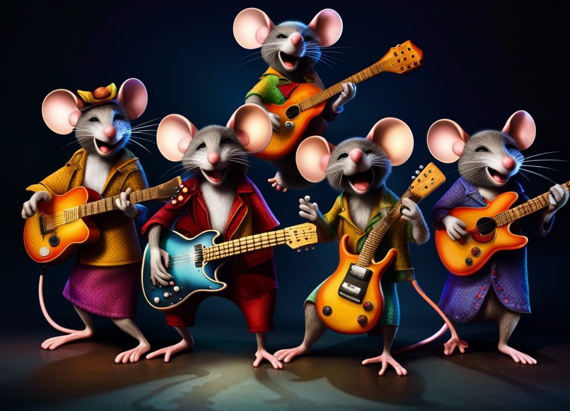 Five singing anthropomorphic mice wearing colorful hippie clothes ...
