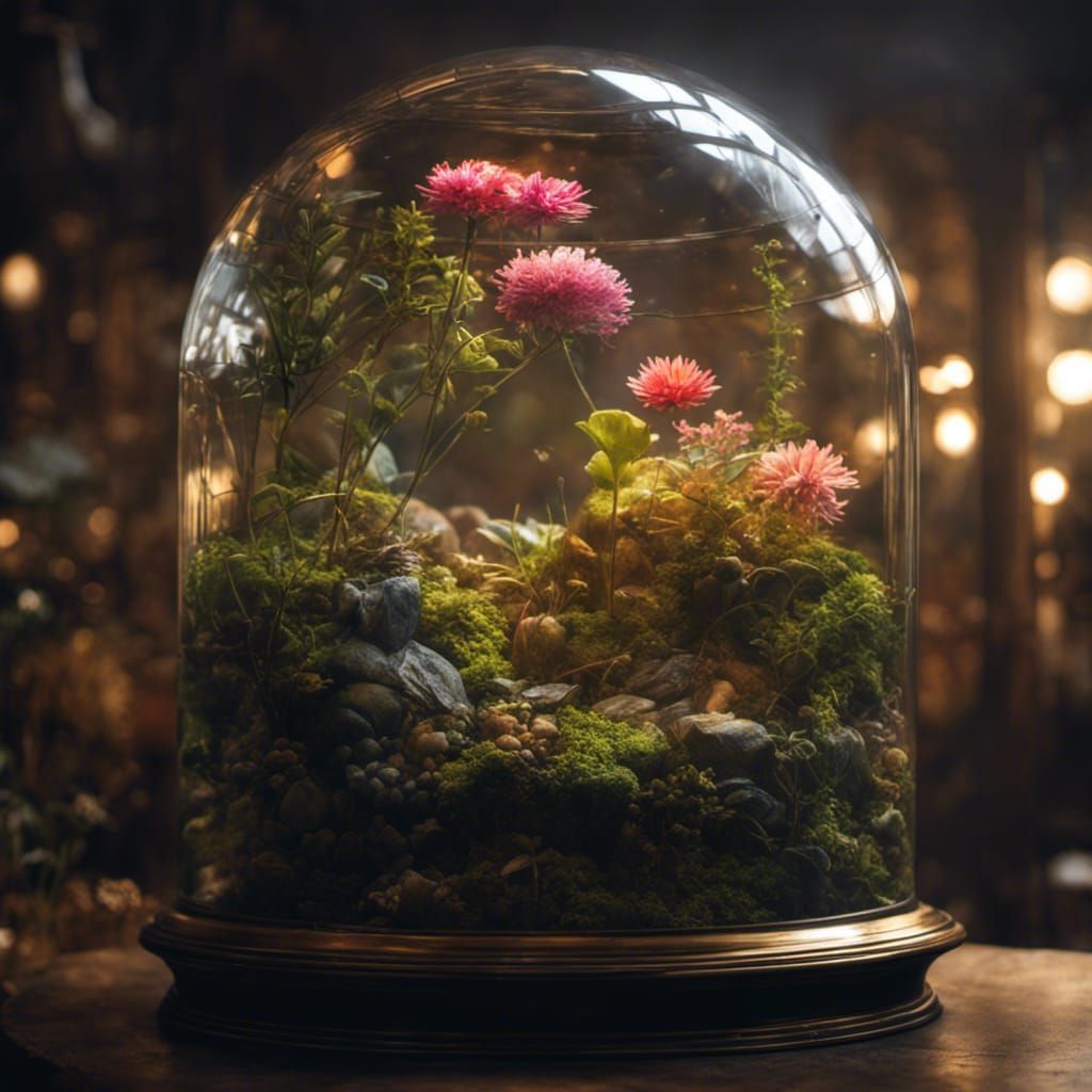 epic shot of a terrarium inside of a crystal square : extreme detail ...